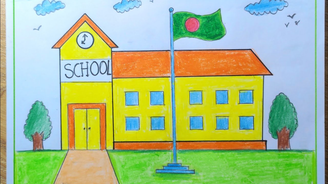 Easy School Scenery drawing 🏫 My School Art 🎨 Color a School step by ...