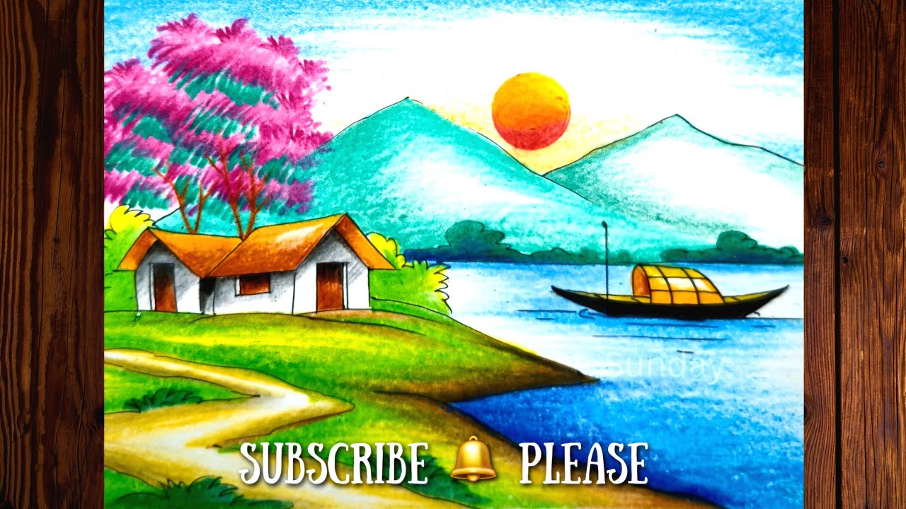How to draw a sunset time mountain river scenery drawing/Hillside ...