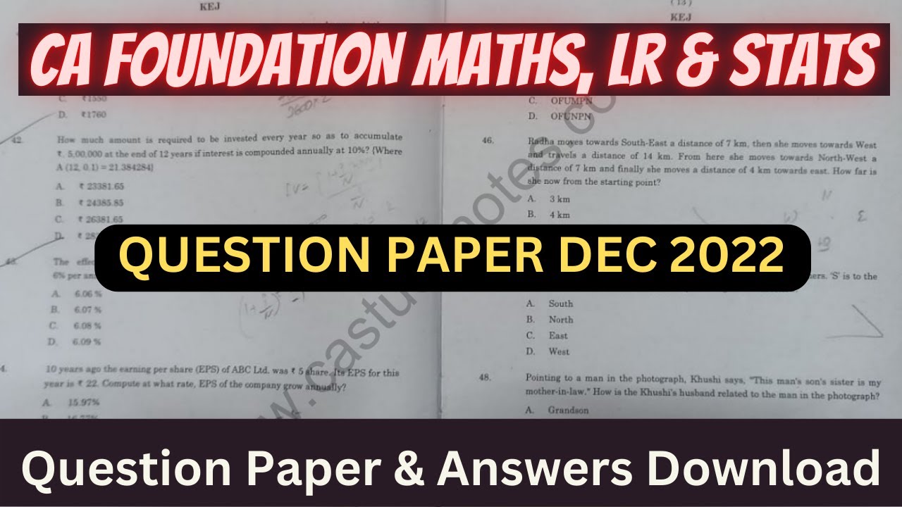 CA FOUNDATION MATHS QUESTION PAPER DEC. 2022 | CA Foundation Maths ...