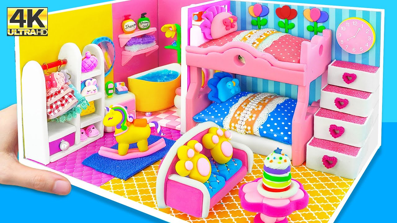 How To Make Cute Miniature House with 2 Floors Bunk Bed, Sofa by ...