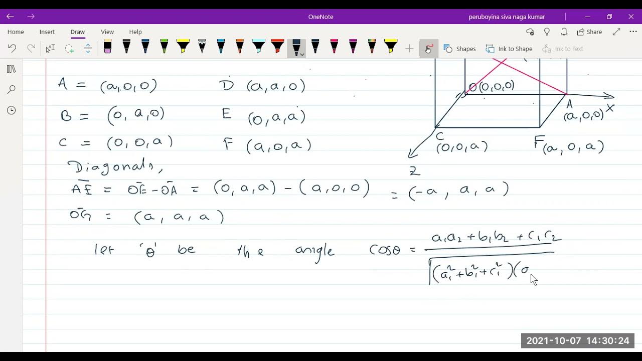 the angle between two diagonals of a cube is theta =cos^(-1) (1/3) - YouTube