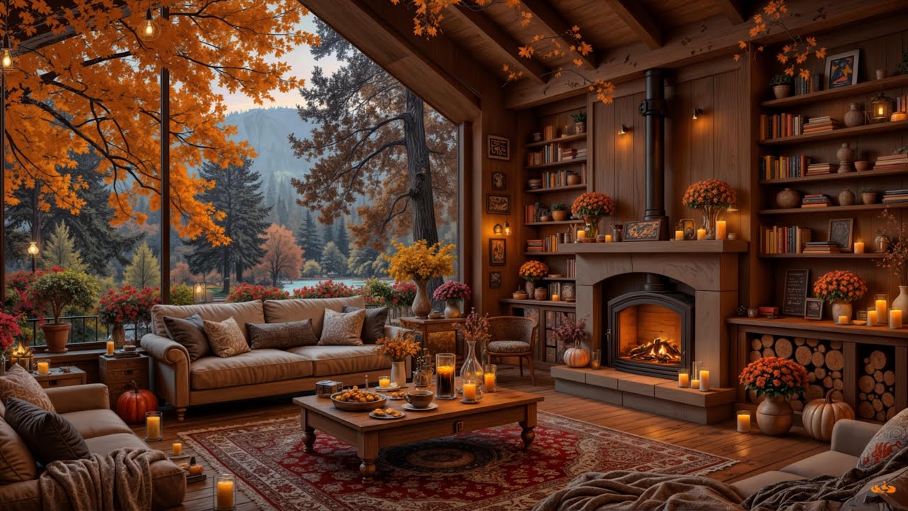 September Autumn Porch Ambience 🍂 Smooth Jazz Music & Warm Fireplace ...