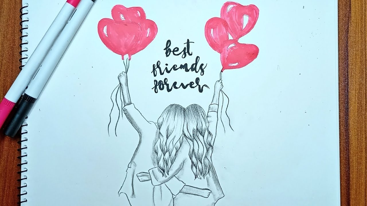How To Draw Two Friends Hugging with Ballons || Best Friends Forever ...