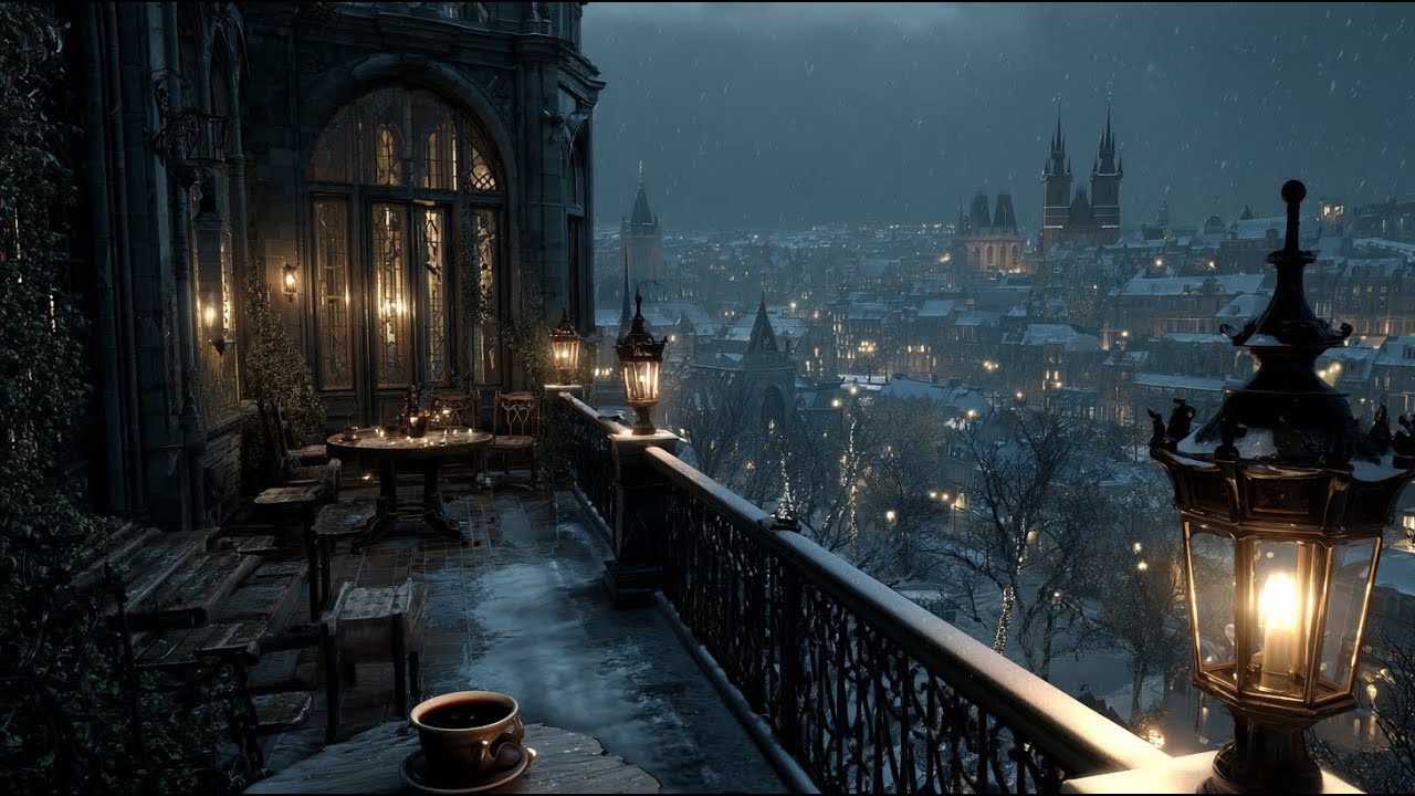 Winter Balcony in a Snow Castle at Night ️ Dark Academia Piano for ...