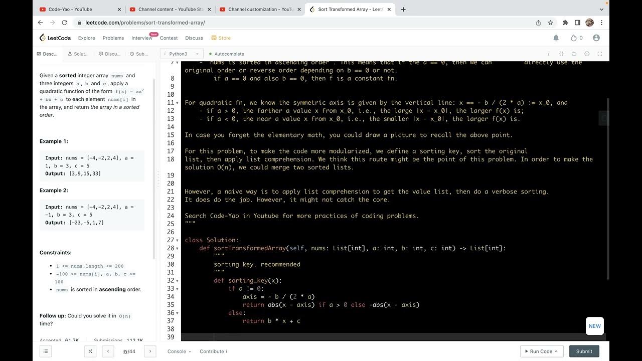 leetcode 360. Sort Transformed Array - full analysis: using sorting key or merge two sorted ...
