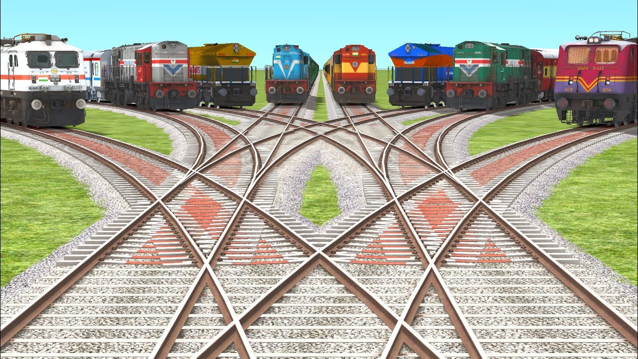 8 TRAIN CROSSING ON X CUT RAILROAD TRACK | Diesel & Electric Train ...