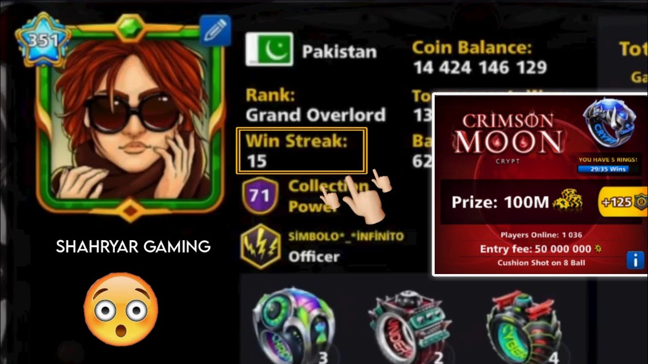 15 ws in Crimson Moon 100M Table - 8 ball pool - YouTube