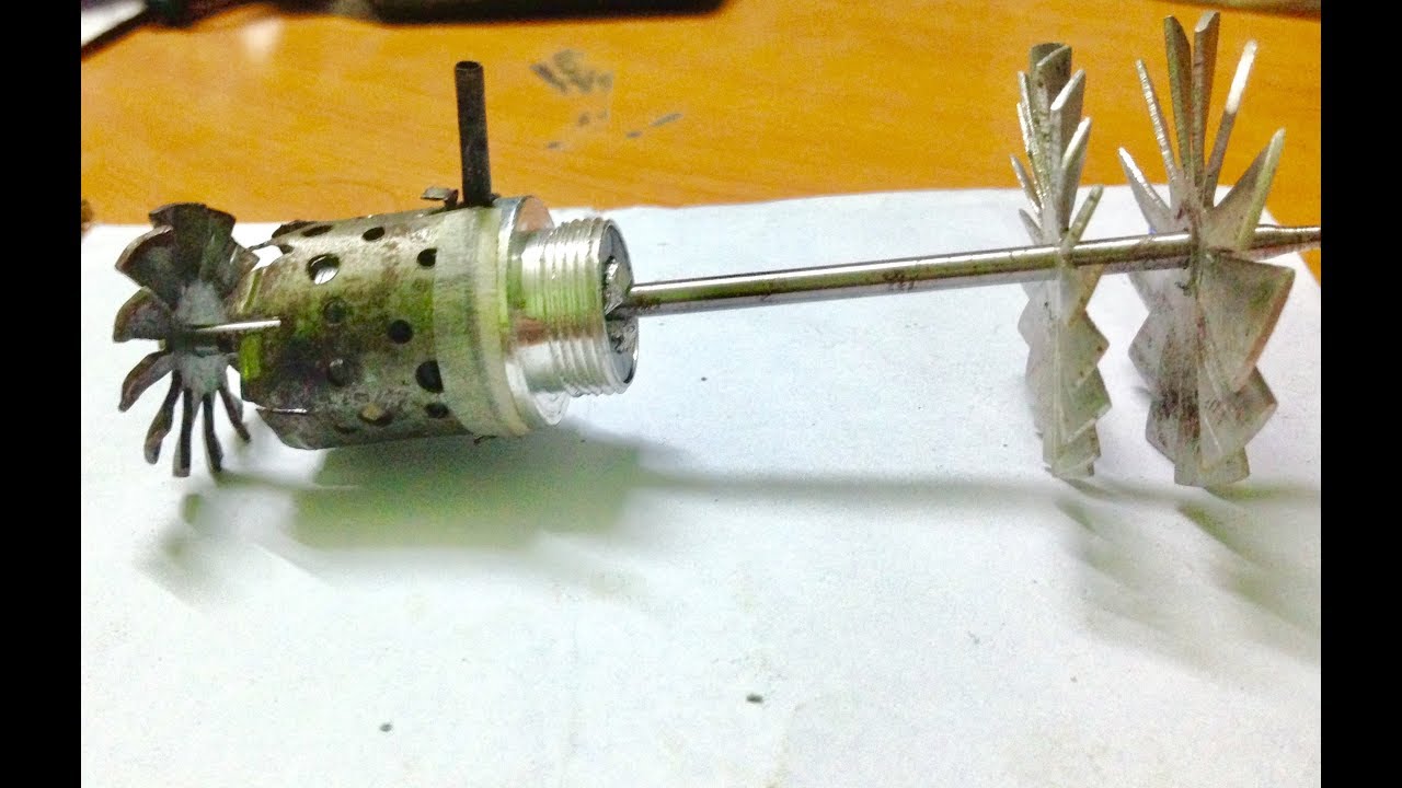Home made turbo jet engine from flashlight casing and sheet metal - YouTube