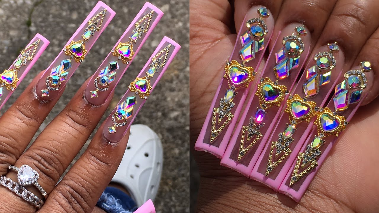 PINK OUTLINE NAILS BLINGED OUT 💎| ACRYLIC NAIL TUTORIAL - YouTube