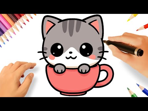 HOW TO DRAW CUTE KAWAII CAT IN A MUG🐱💖 EASY