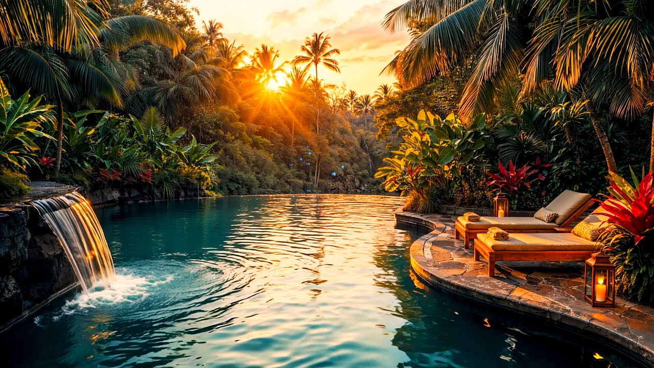 Relaxing Waterfall Pool & Piano Music 🌴 8 Hours for Deep Sleep, Stress ...