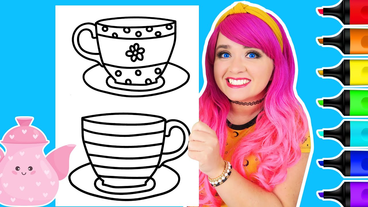 Coloring Tea Cups Cute & Simple Coloring Page | Ohuhu Art Markers - YouTube