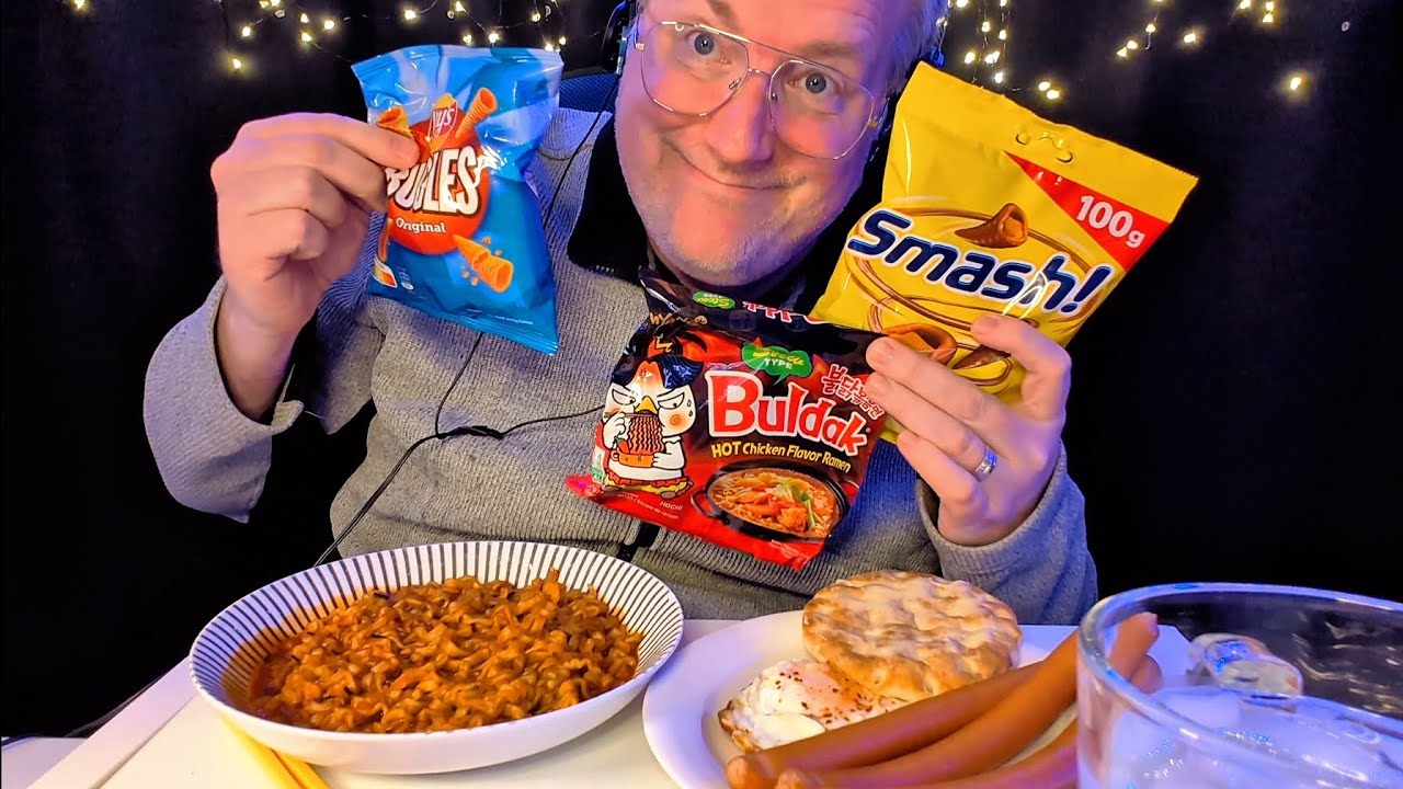 Trying NEW Buldak Stew Noodles + Smash! & Bugles Snacks | Sausages, Egg ...
