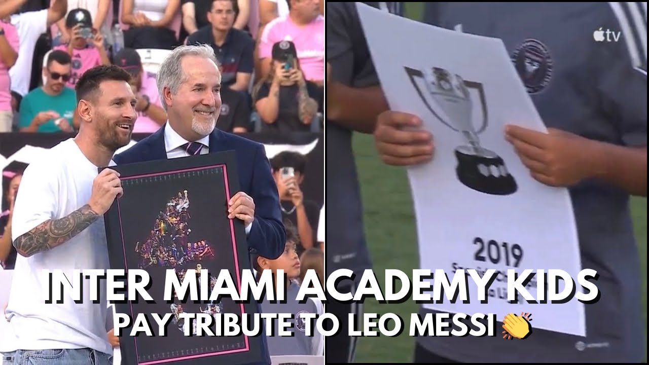 45 Inter Miami academy kids hold a photo of each of Lionel Messi’s ...