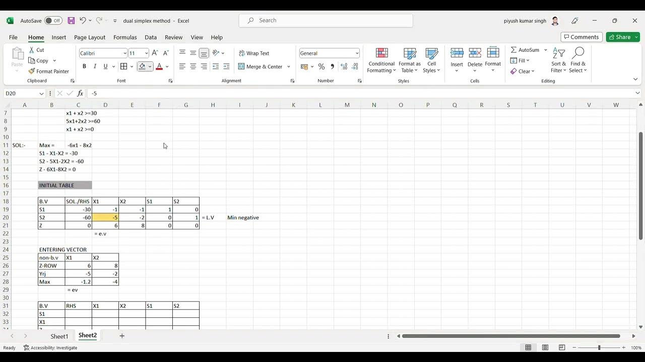 Dual Simplex Method on Excel - YouTube
