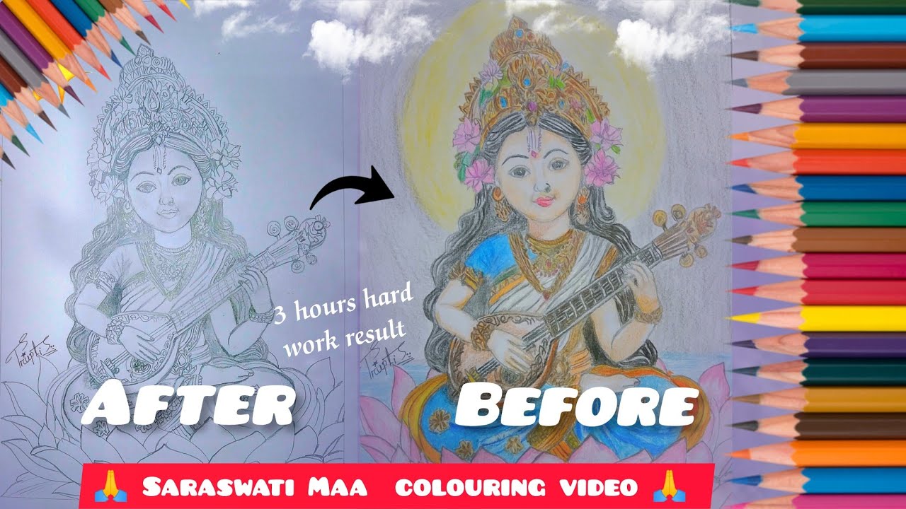 Saraswati Maa drawing with colour pencil , How to Saraswati Maa drawing ...