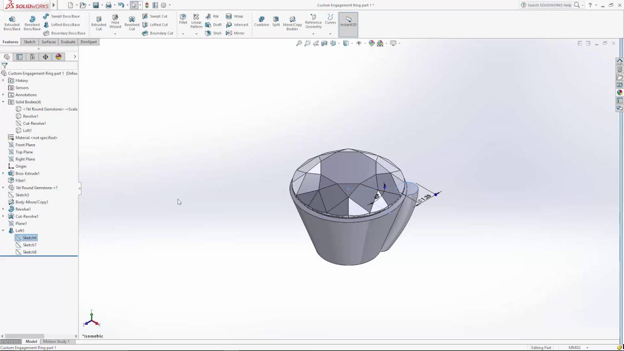 SOLIDWORKS Tutorial Custom Engagement Ring Part 2 - YouTube