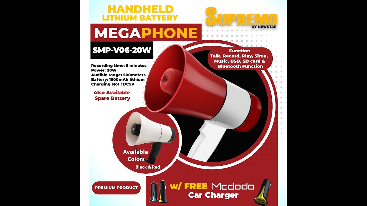 Supremo SMP-V06-20W Handheld Lithium Battery Megaphone | E2S Marketing ...