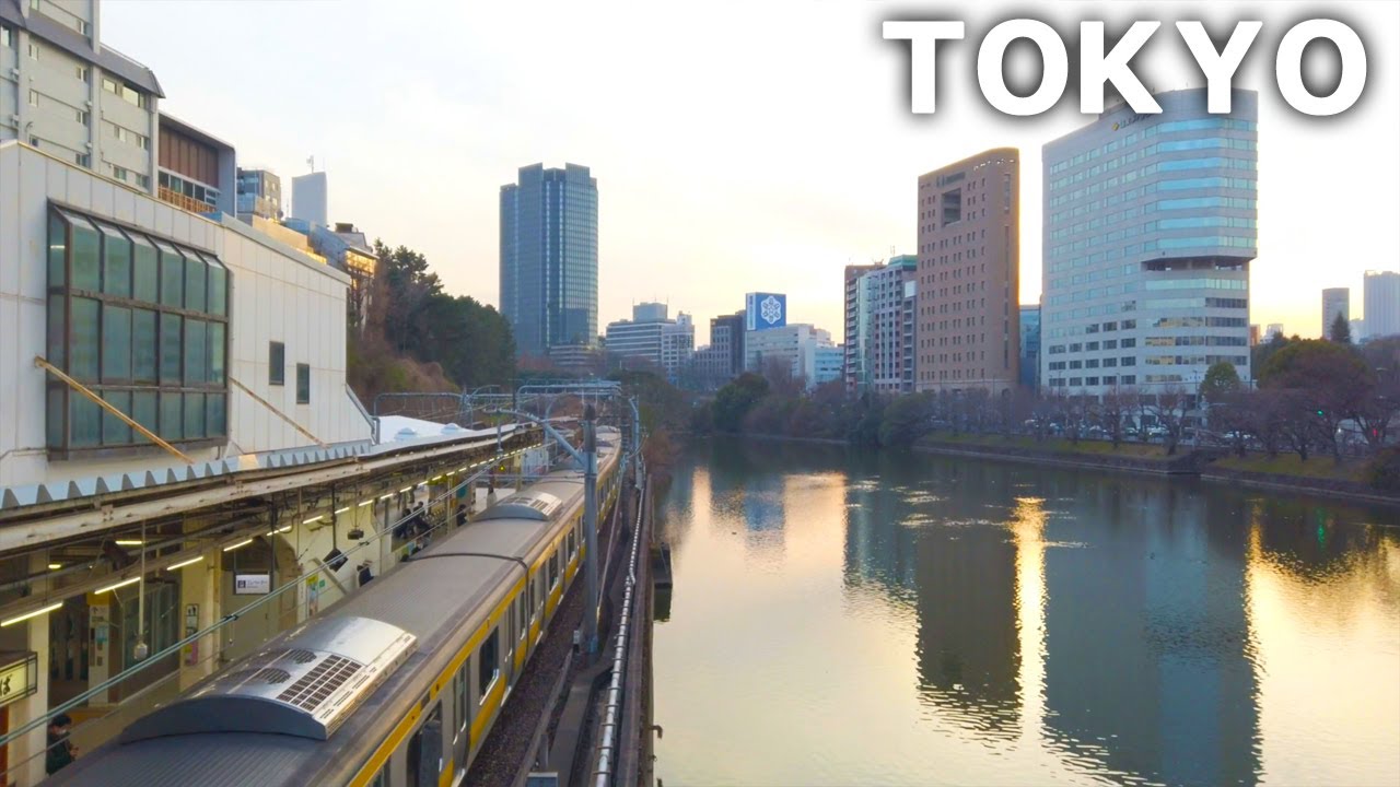 [4k] Tokyo - Walking from Ichigaya Sta. Scenery with moat and park (Mar ...