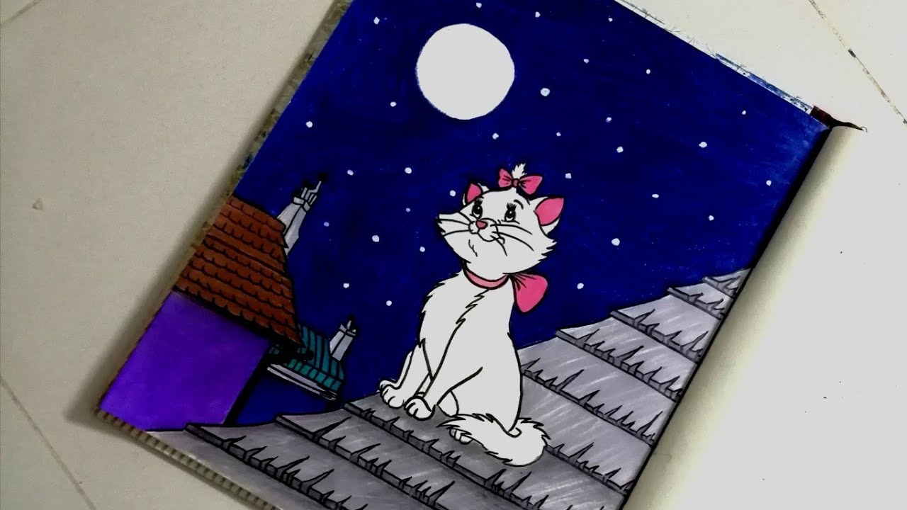 Marie Aristocat drawing । Disney cartoon । Moonlight scenery drawing ...