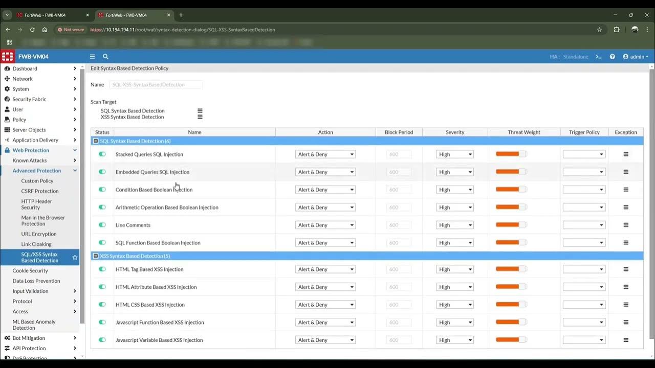 FortiWeb SQL XSS Syntax Based Detection - 13 - YouTube