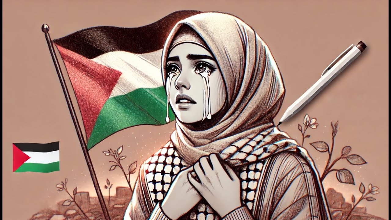 Powerful Drawing of a Palestinian Girl Holding the Palestine Flag and ...