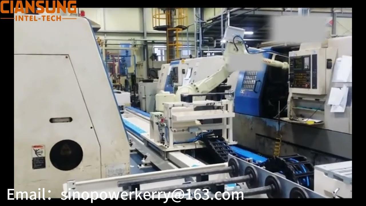 Industrial robot CNC machining loading and unloading, combined with robot floor track - YouTube