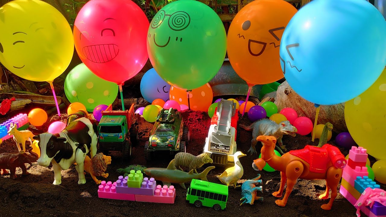 Meletuskan Balon berhadiah & menemukan mainan kejutan hewan sapi, bus ...