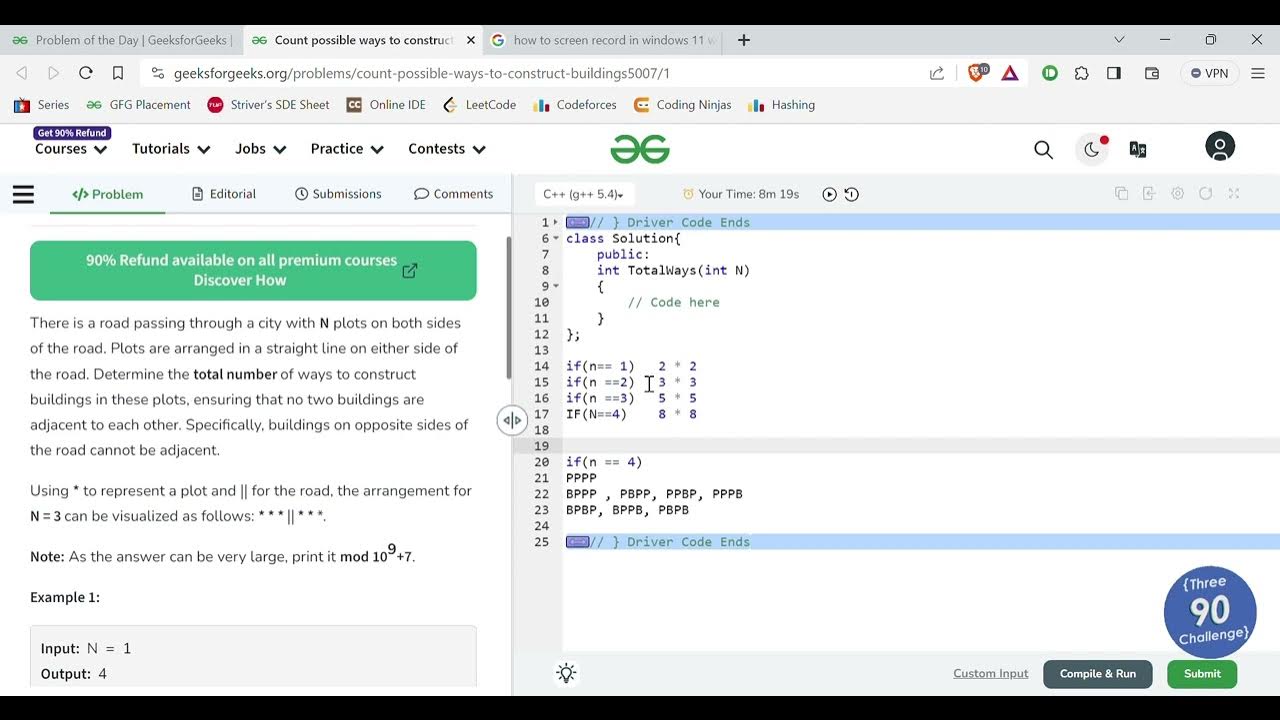 Count possible ways to construct buildings | Problem of the day | #GFG #POTD #dailyCoding - YouTube