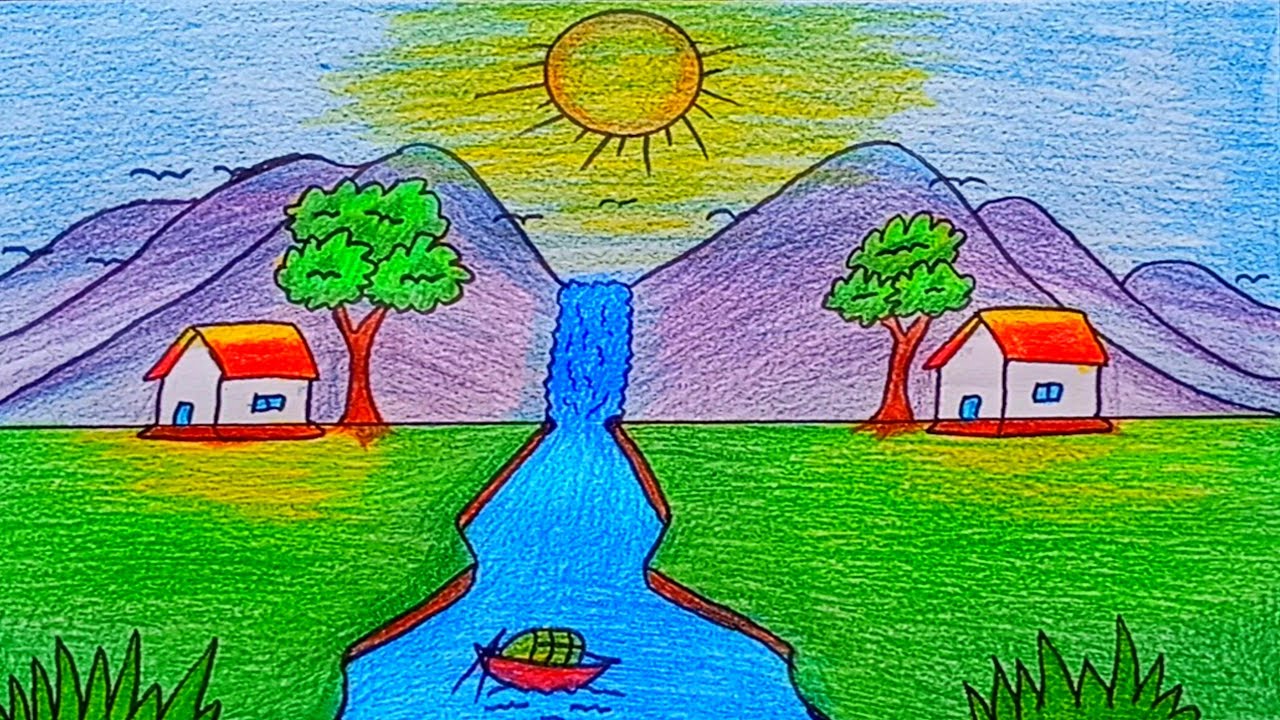 Water fall scenery drawing || mountain and river drawing easy step by ...