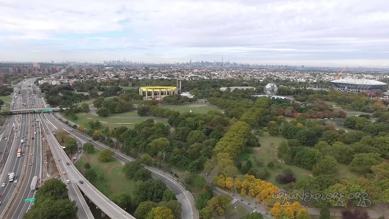 NYC LIE Worlds Fair Flushing Meadow Park Skyline - drone aerial fly ...