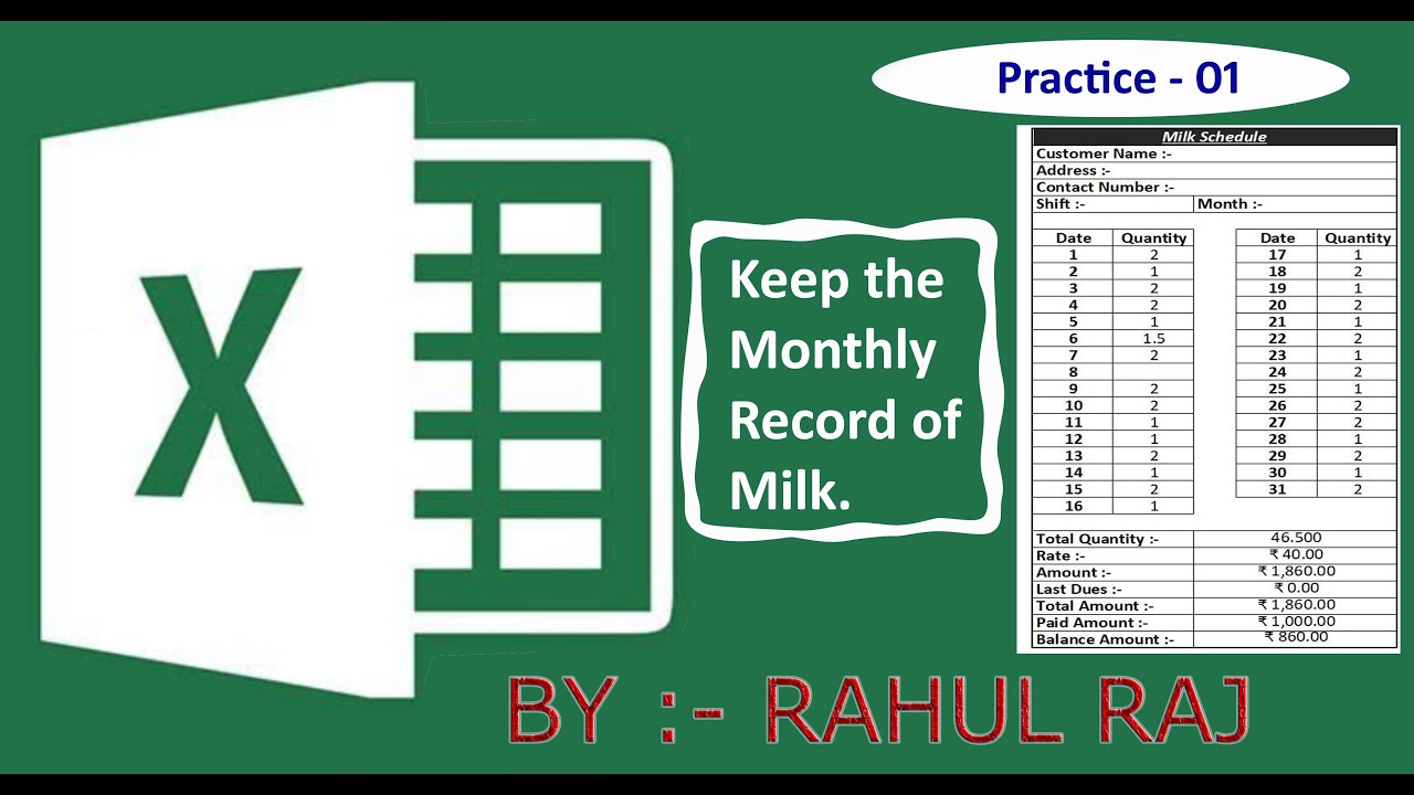 P1 - Keep the monthly record of milk in EXCEL || excel in hindi - YouTube