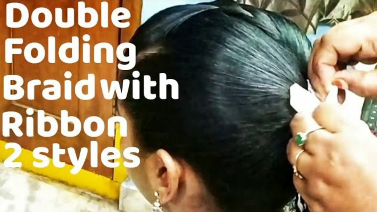 Double folded Single Braid With Ribbon l Simple Hairstyles l Single folded Hair Braid With ...