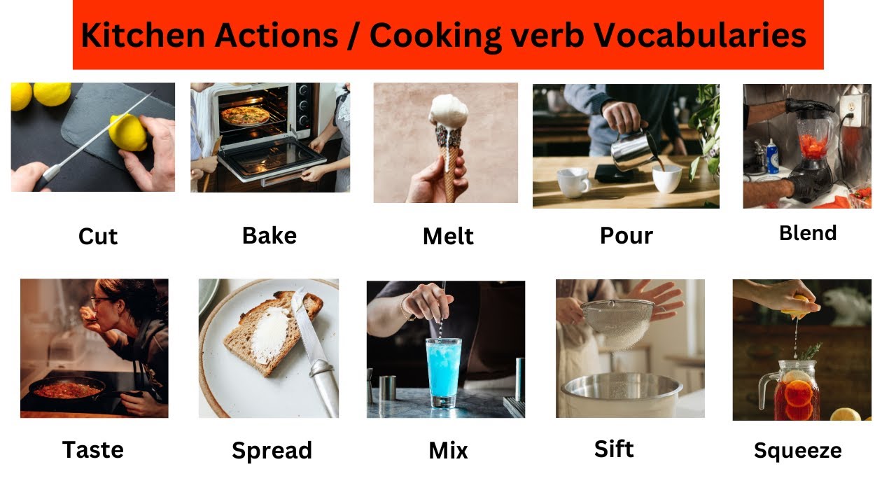Kitchen Action English vocabulary with sentence | vocabulary with ...