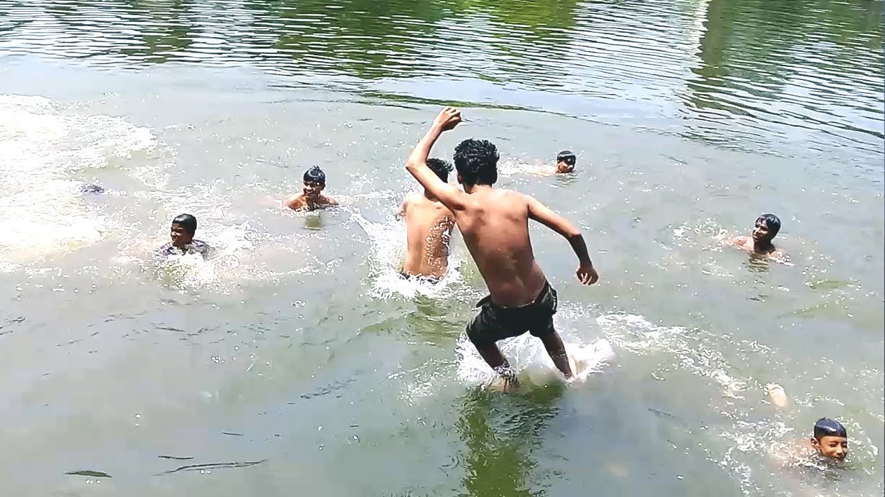 Incredible young Boys drop in the pond for swimming & playing. - YouTube
