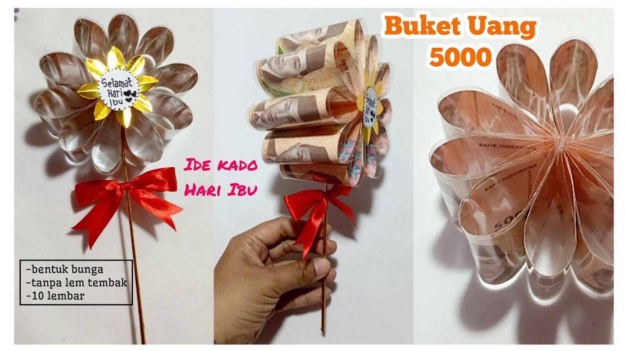 BUKET UANG KERTAS BENTUK BUNGA PAKAI UANG 5000 TANPA LEM TEMBAK - YouTube
