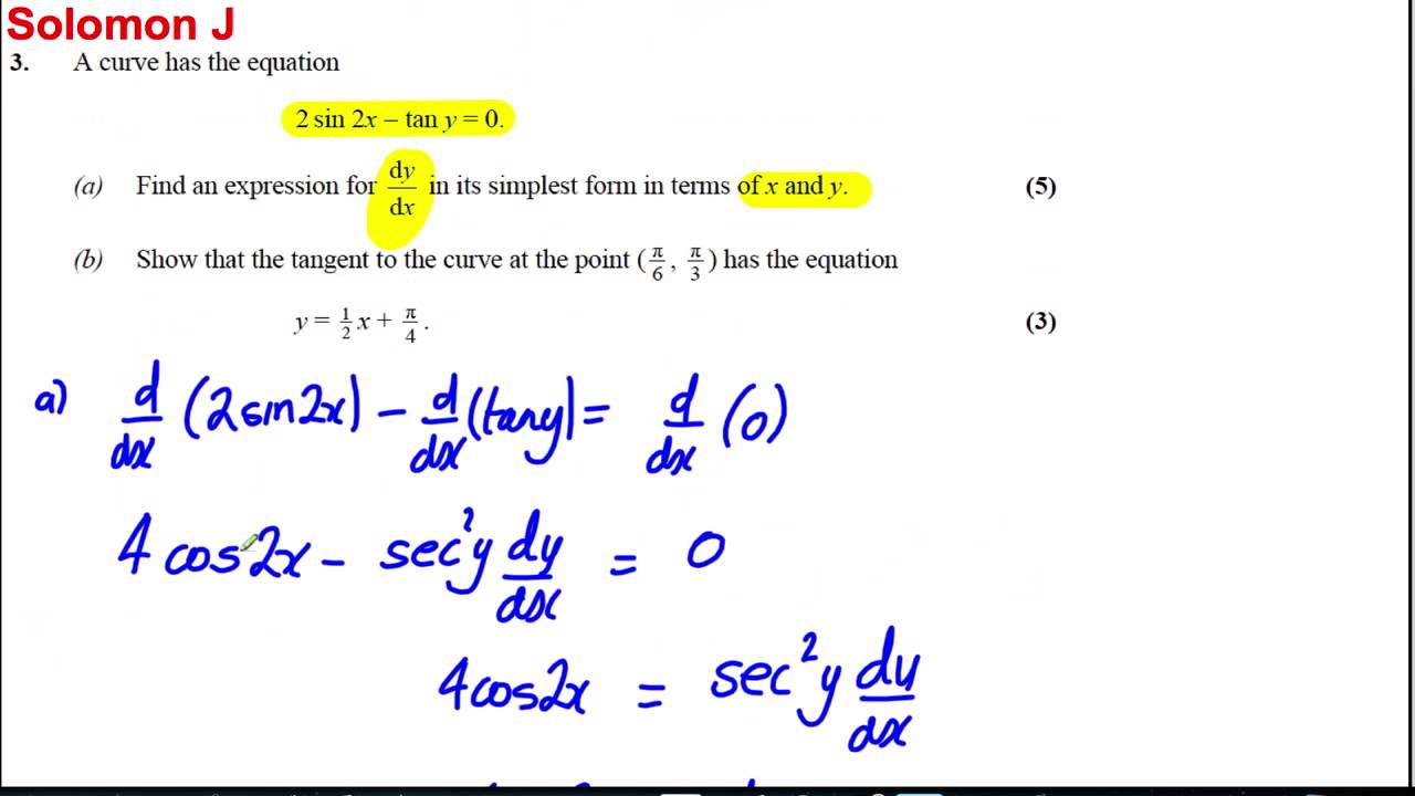 Implicit Differentiation Exam Style Question 7 - YouTube