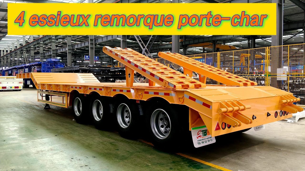 4 essieux remorque porte char pour transporter engin lourd - YouTube