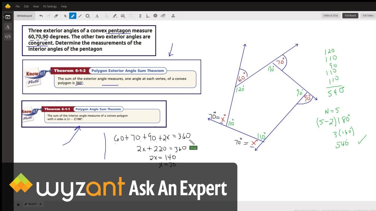 Given a convex pentagon and the measures of 3 ext angles and the other ...