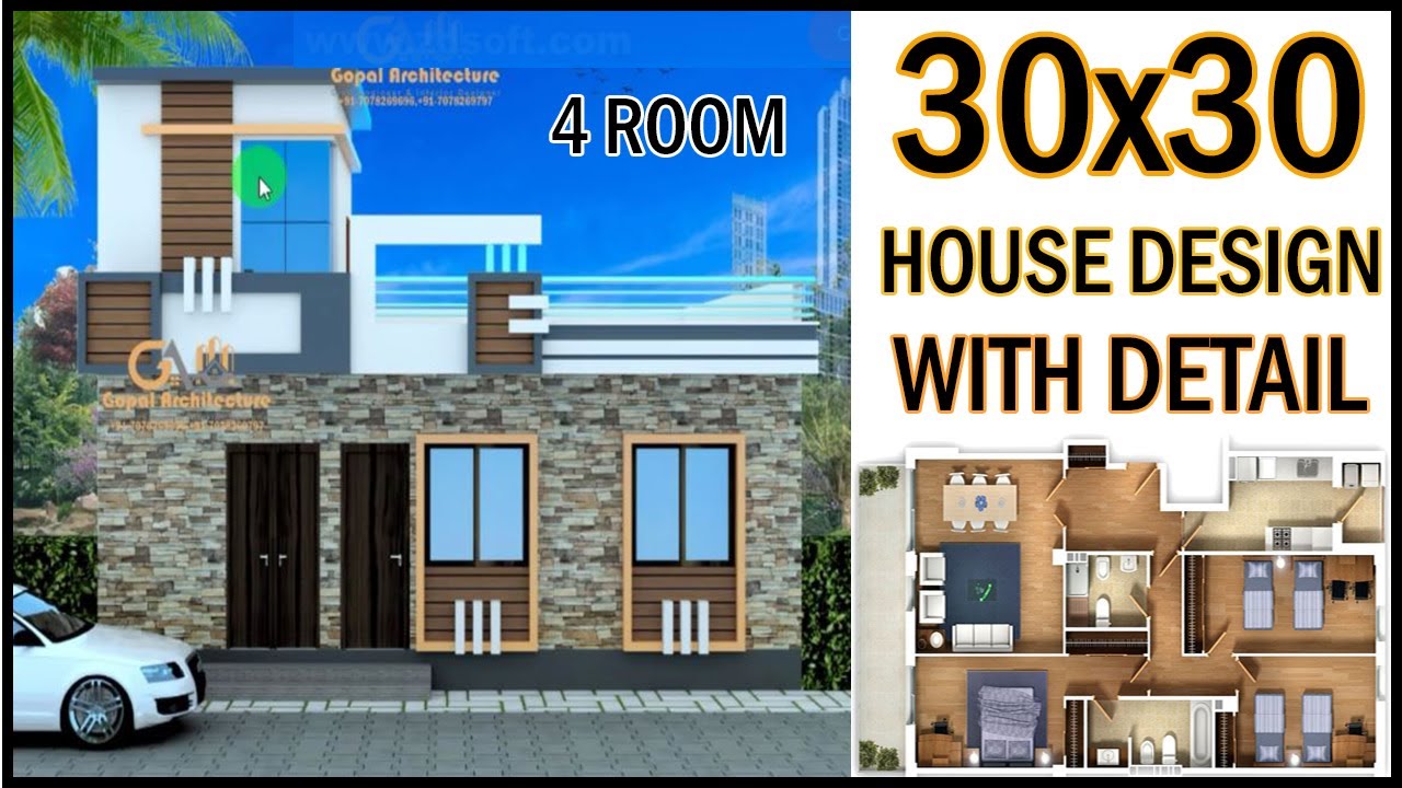 30x30 3D House Design With Detail | 30'-0"x30'-0" 4 Room Home Plan ...