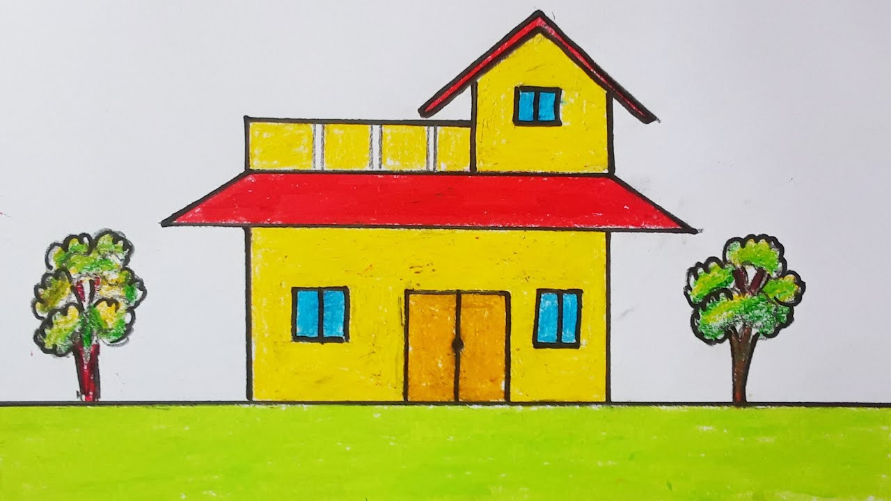 House Scenery Drawing 🏠 Ghar ka Chitra 🏠 Easy to drawing and Painting ...