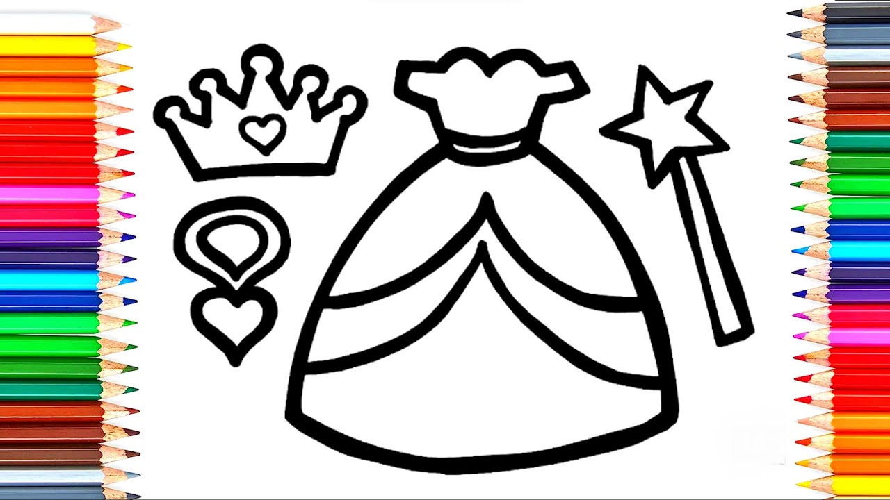 How to draw and color Princess dress and accessories, easy drawing for ...