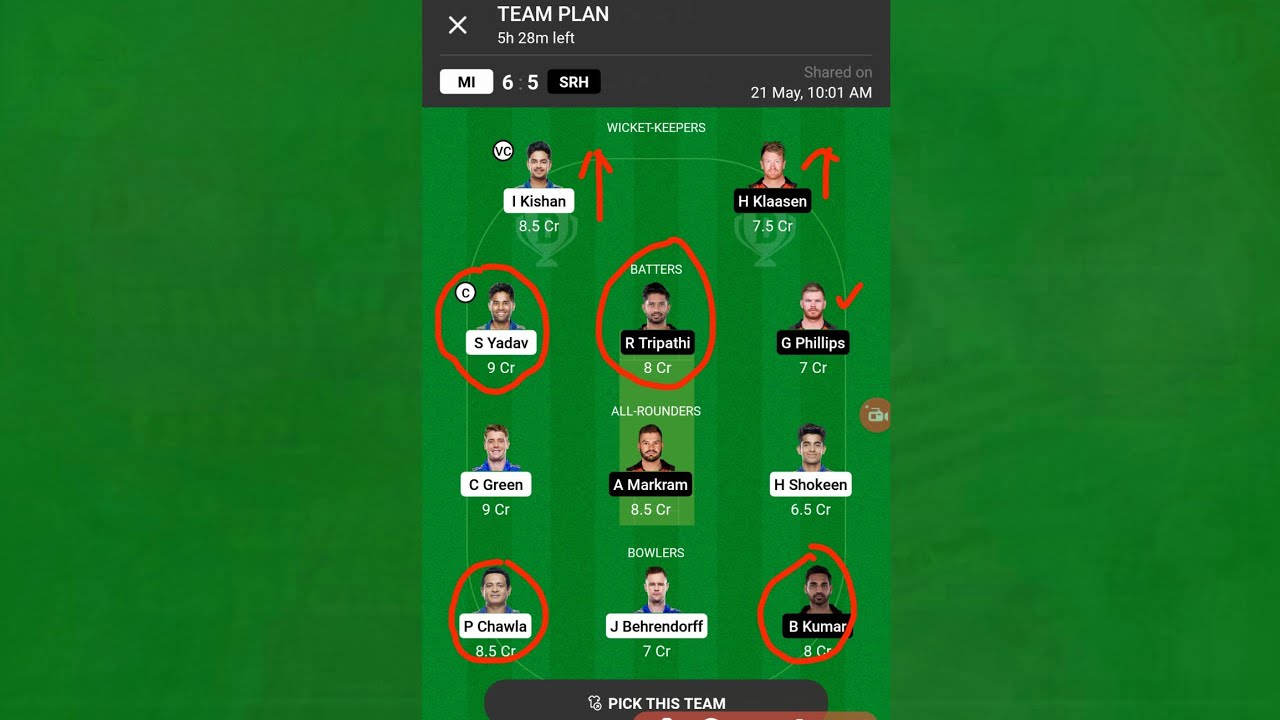 MI vs SRH IPL 69th T20 Match Stats & Dream11👉 "Team Planner" Teams |4 ...