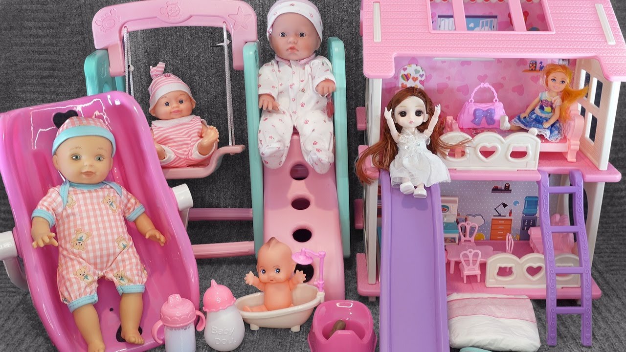 9 Minutes Satisfying with Unboxing Pink Doll House Toys，Cute Baby Bath ...