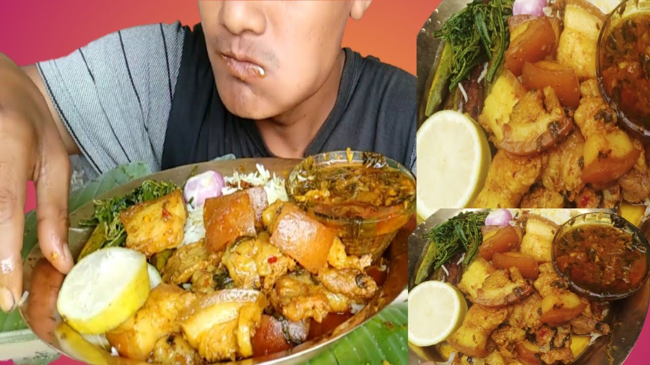 eating spicy ribs pork & wild vegetables||bodo mukbang - YouTube