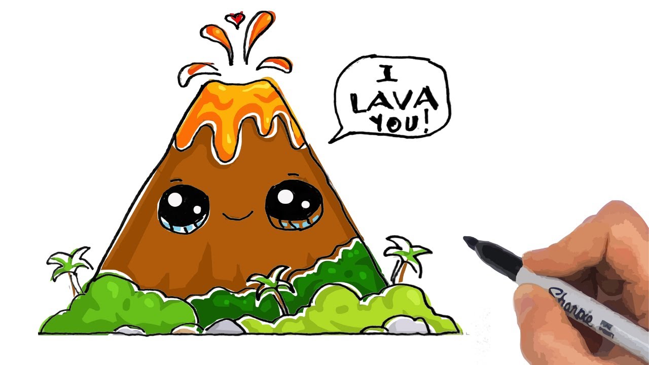 How to Draw a Cute Lava Volcano Mountain Scenery | Cute Pun Art | Draw ...