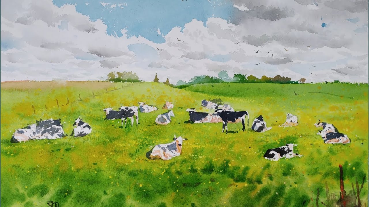 Watercolor Landscape of Cows in a Green Field: Step-by-Step Tutorial ...