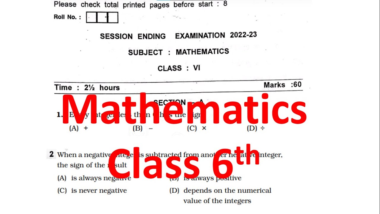 SESSION ENDING EXAM 2023 - 24 OF Mathematic CLASS 6TH FOR KVS STUDENTS ...