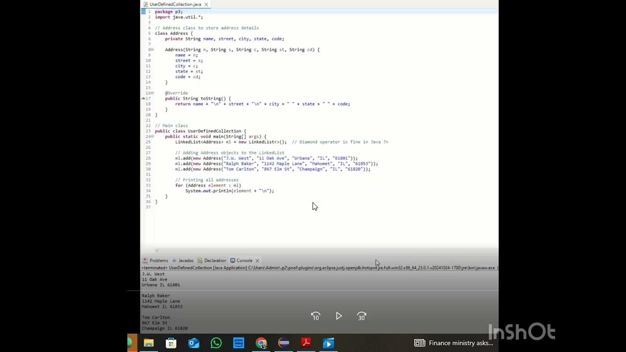 Program 3 " storing user defined classes in collection" Advanced Java Lab Dept. of ISE RIT ...