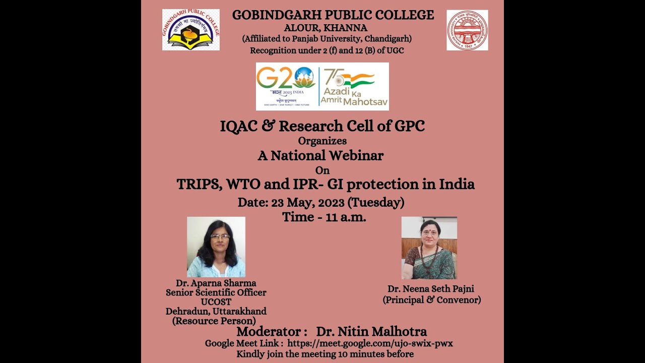 National Webinar on TRIPS, WTO & IPR -GI protection in India - YouTube